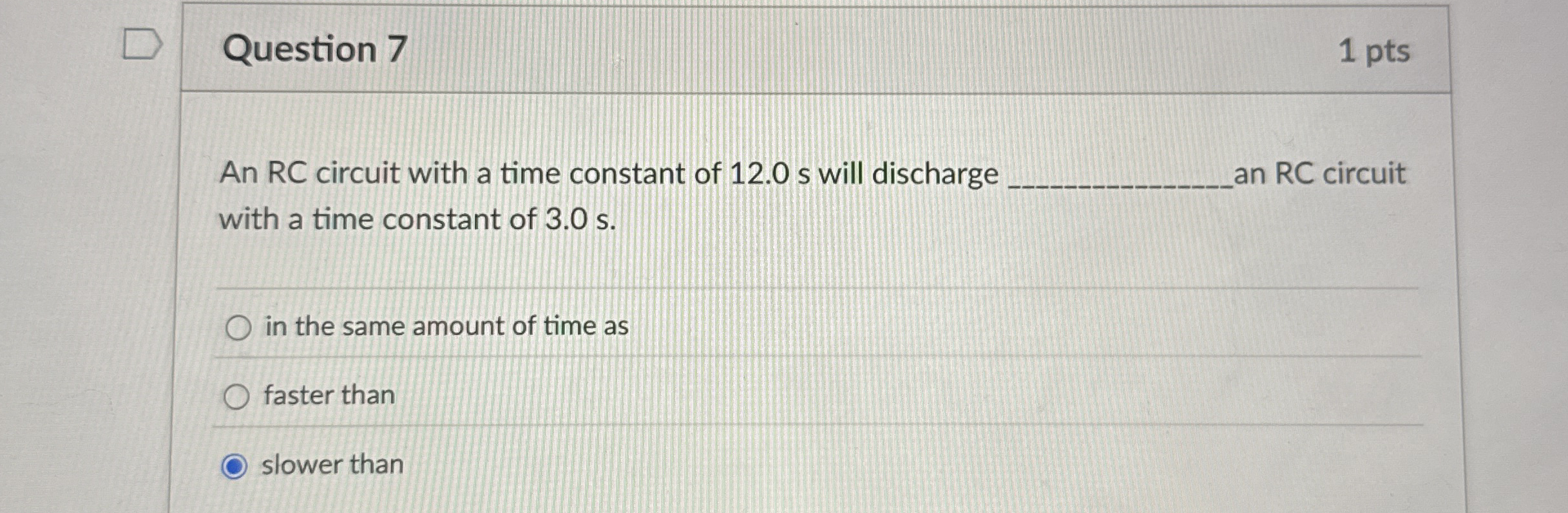 Solved Question 71 ﻿ptsAn RC circuit with a time constant of | Chegg.com