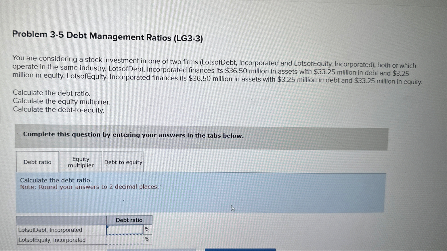 Solved Problem 3-5 ﻿Debt Management Ratios (LG3-3)You are | Chegg.com