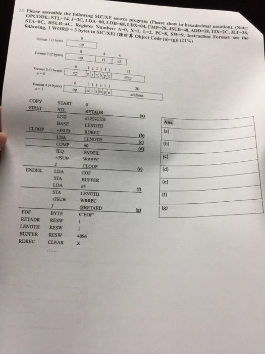 13. Please assemble the following SIC/XE source | Chegg.com