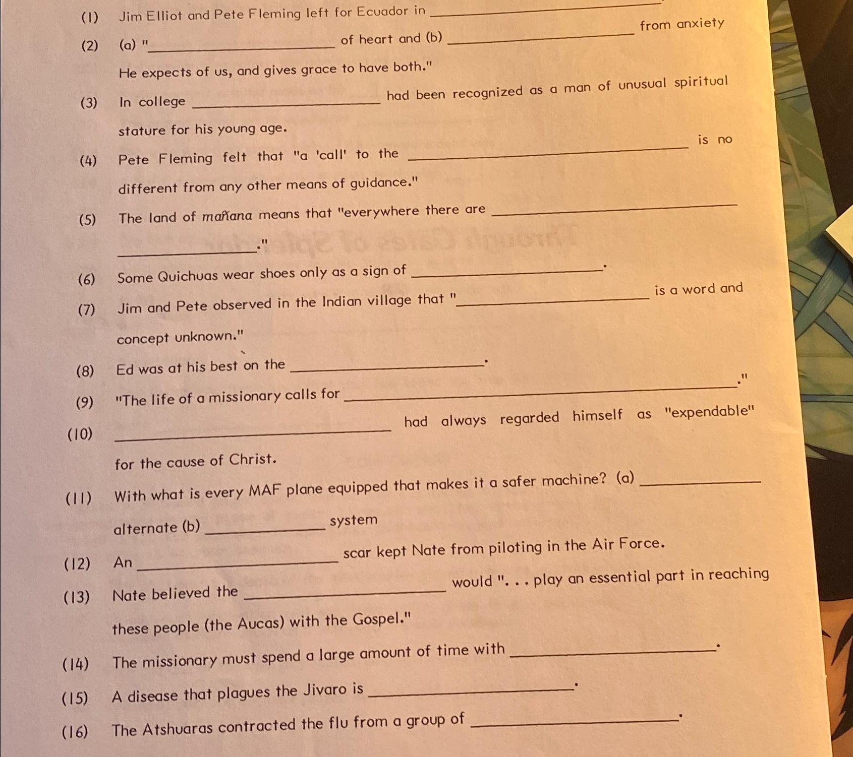 Solved (I) ﻿Jim Elliot and Pete Fleming left for Ecuador | Chegg.com