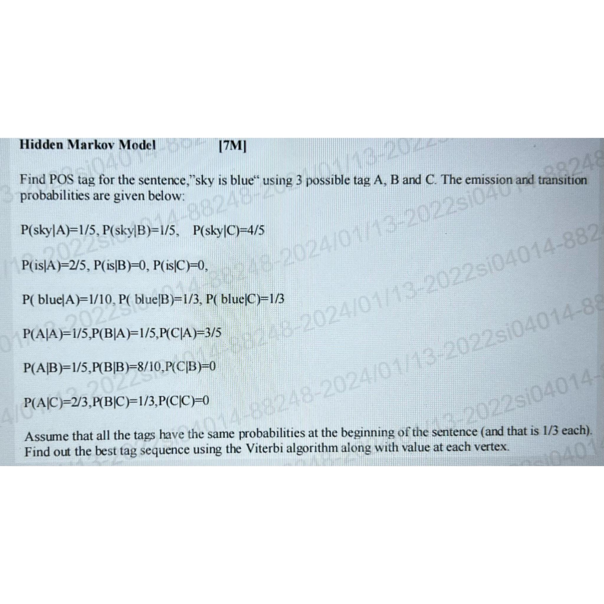 Solved Hidden Markov Model[7M]Find POS tag for the | Chegg.com