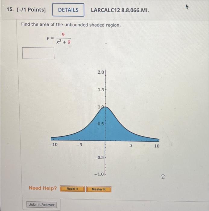 Solved Find the area of the unbounded shaded region. y=x2+99 | Chegg.com