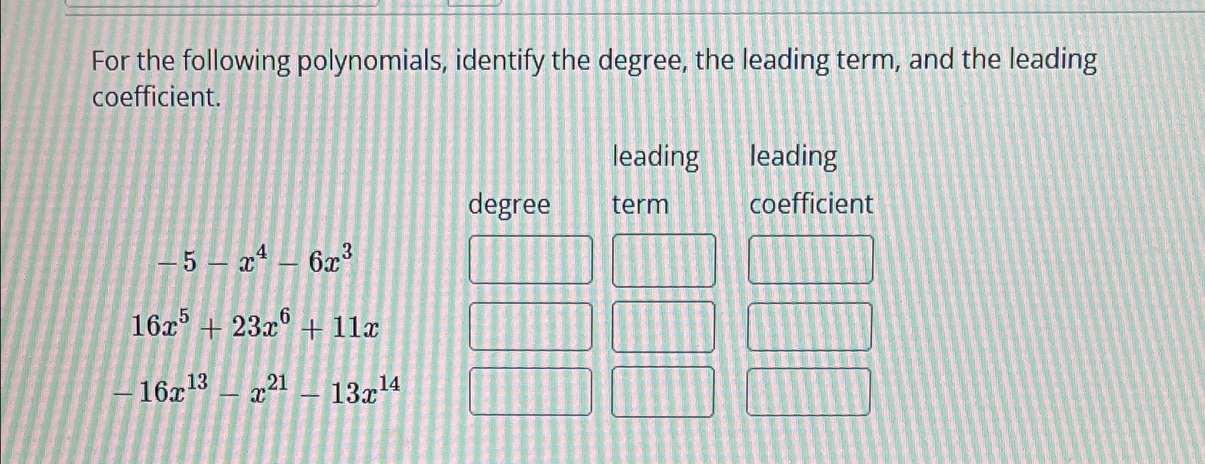Solved For the following polynomials, identify the degree, | Chegg.com
