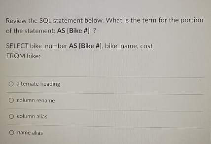 Solved Review the SQL statement below. What is the term for | Chegg.com