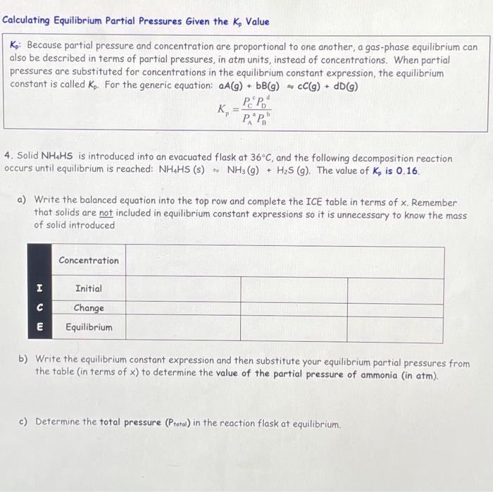 Solved Calculating Equilibrium Partial Pressures Given the | Chegg.com
