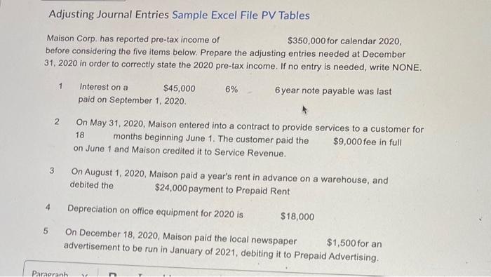 Solved Adjusting Journal Entries Sample Excel File PV Tables | Chegg.com