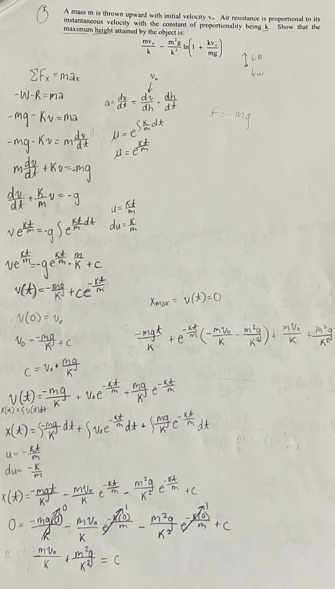 Solved (3) ﻿A mass m ﻿is thrown upward with initial velocity | Chegg.com