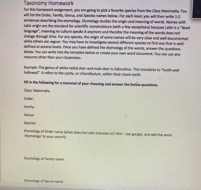 Solved Taxonomy Homework For this homework assignment, you | Chegg.com