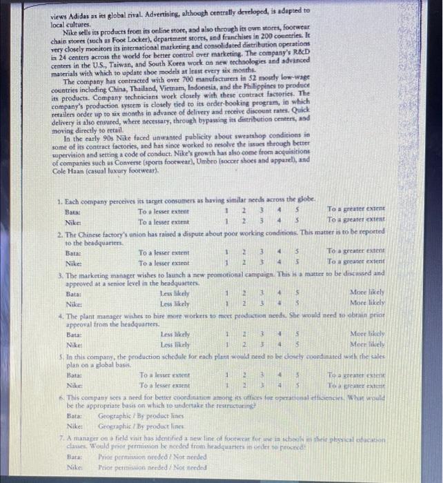 Solved Exercise Global Operations of Bata Shoe and Nike | Chegg.com