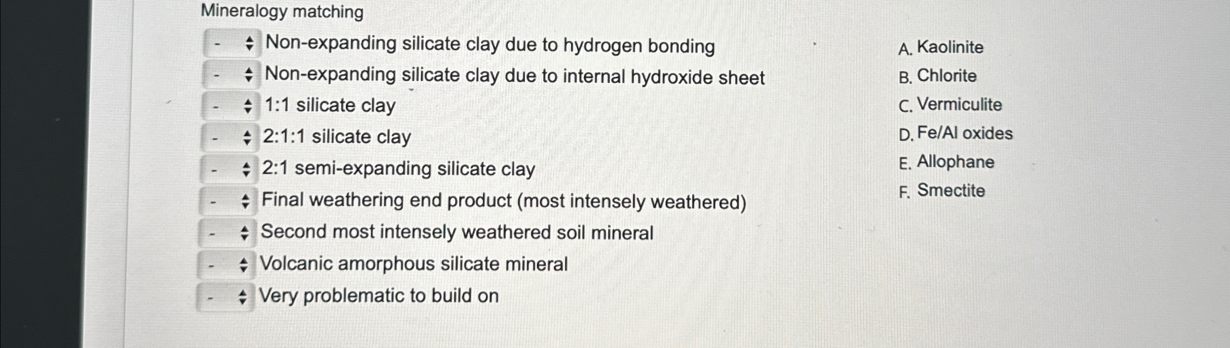 Solved Mineralogy matching ﻿Non-expanding silicate clay due | Chegg.com