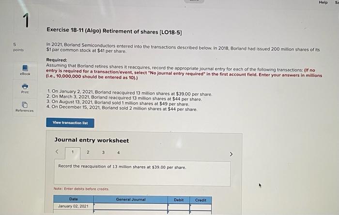 Solved Help Se 1 Exercise 18-11 (Algo) Retirement of shares | Chegg.com