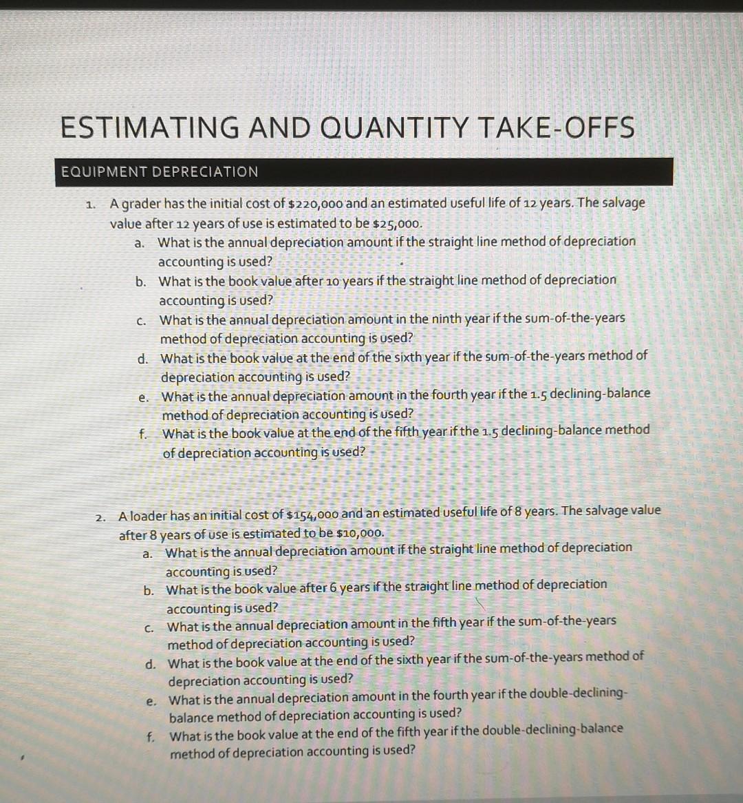 Solved ESTIMATING AND QUANTITY TAKE-OFFS EQUIPMENT | Chegg.com