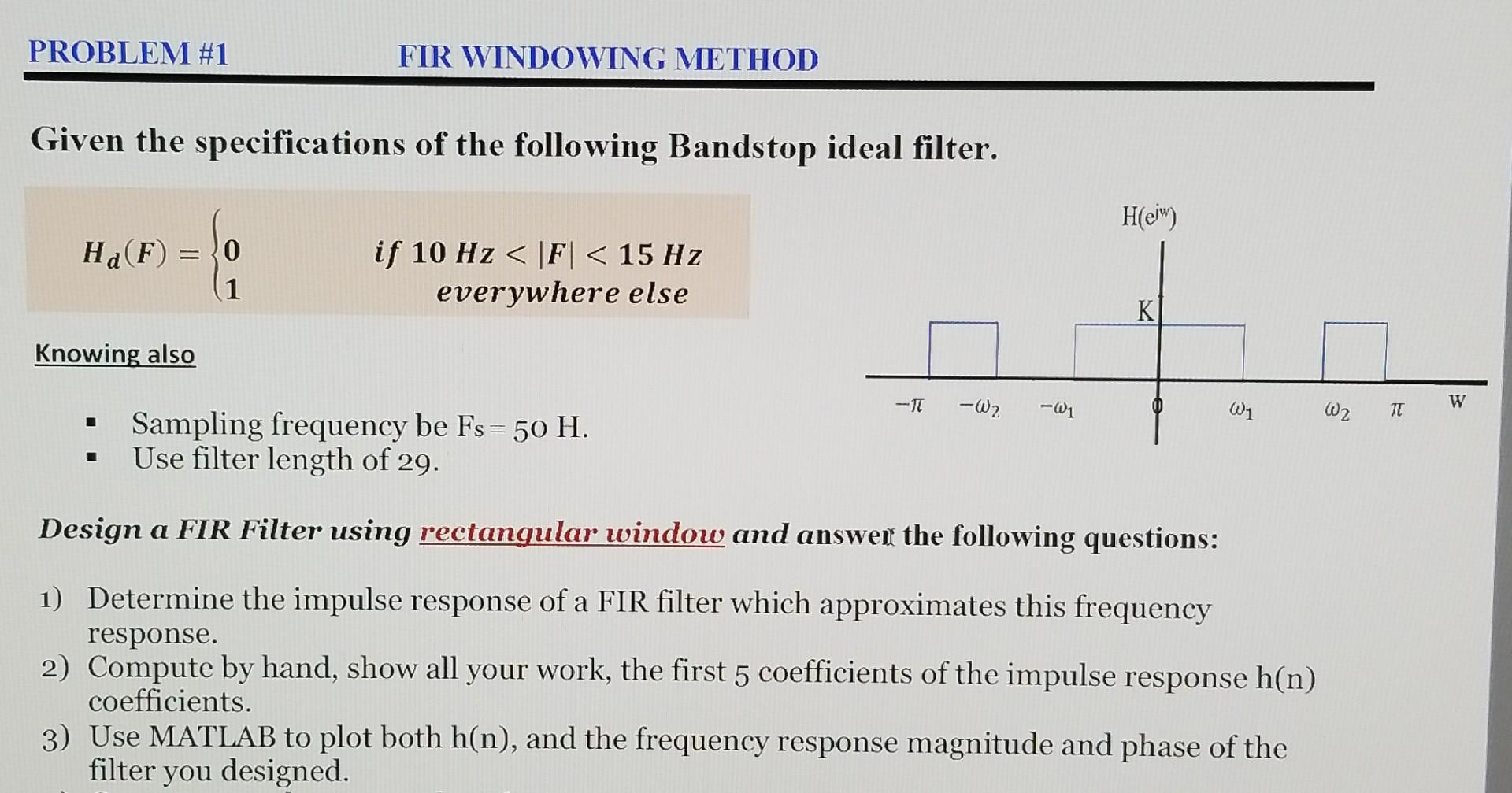 Solved PROBLEM #1 FIR WINDOWING METHOD Given the | Chegg.com