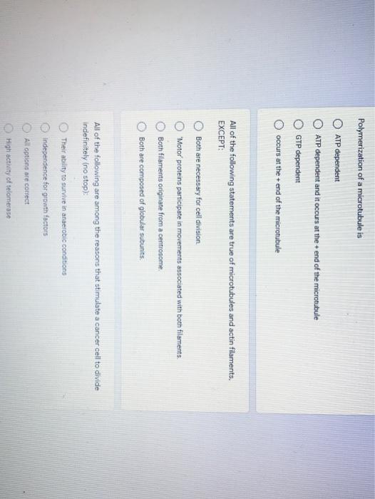 Solved Polymerization of a microtubule is ATP dependent O | Chegg.com