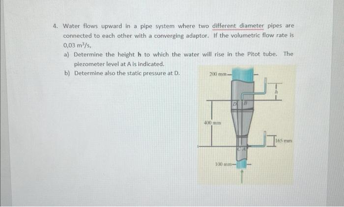 Solved 4. Water flows upward in a pipe system where two | Chegg.com