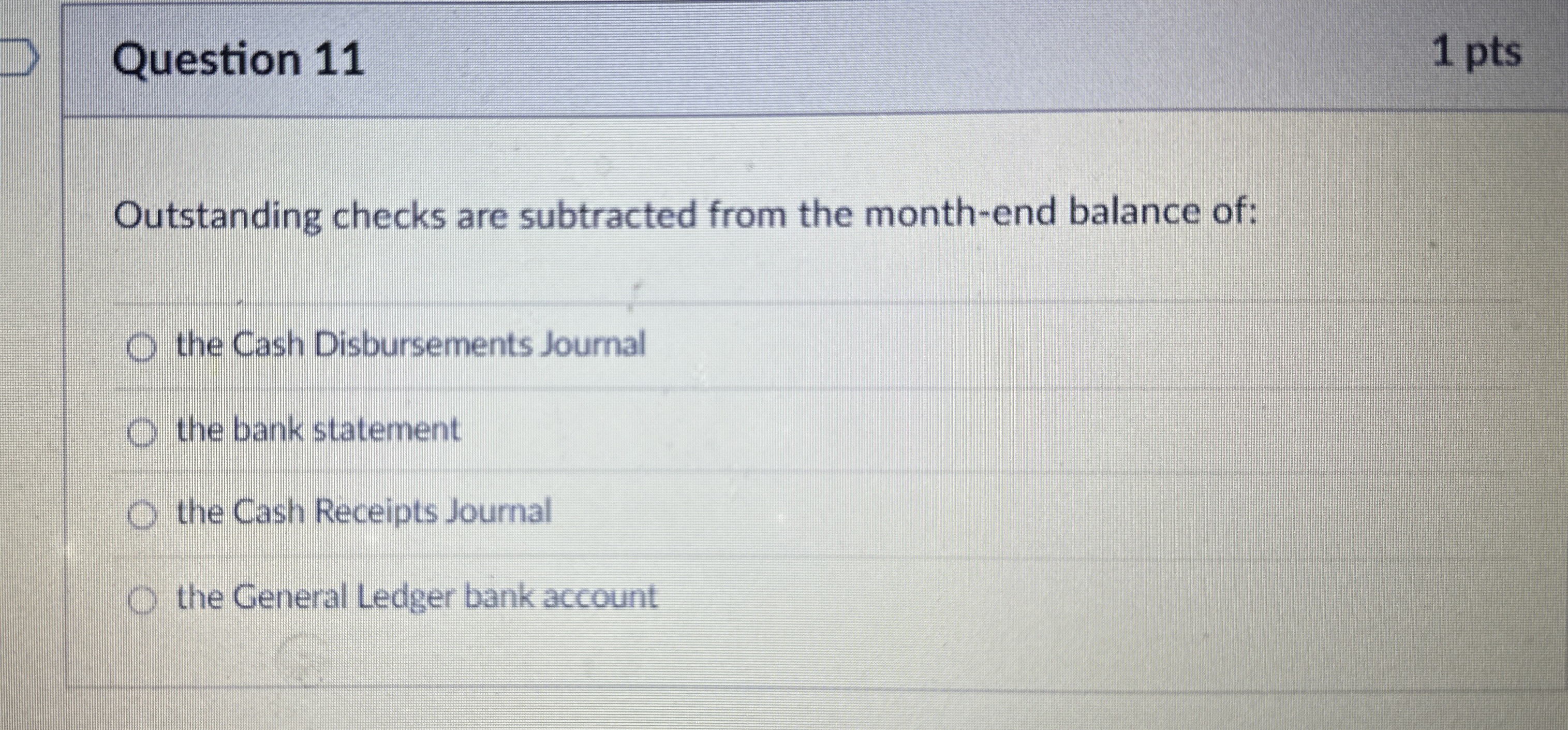 Solved Question 111 ﻿ptsOutstanding checks are subtracted | Chegg.com
