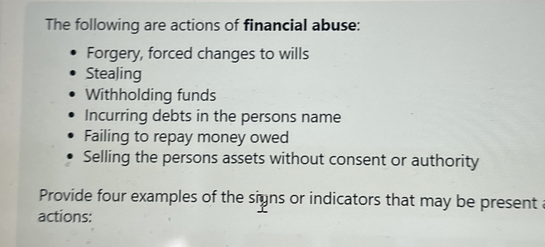 Solved The following are actions of financial abuse:Forgery, | Chegg.com