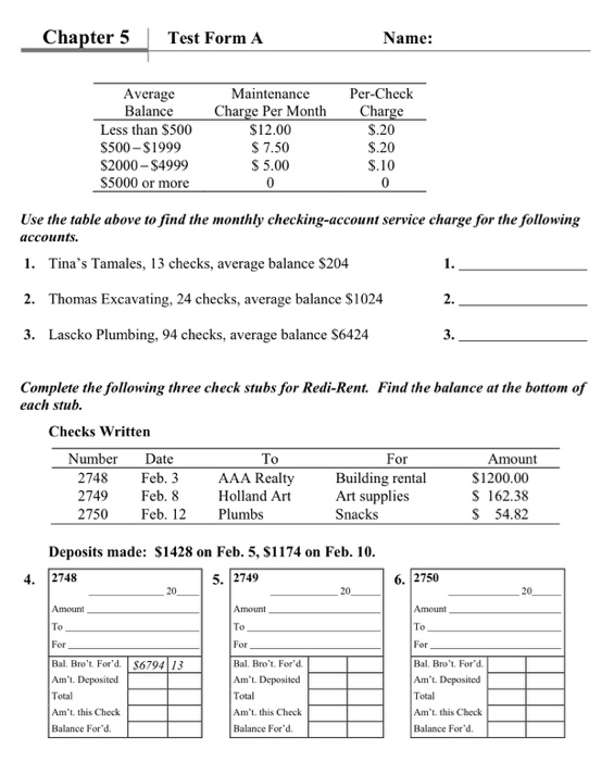 Solved Chapter 5 Test Form A Name Average Balance Less Than Chegg