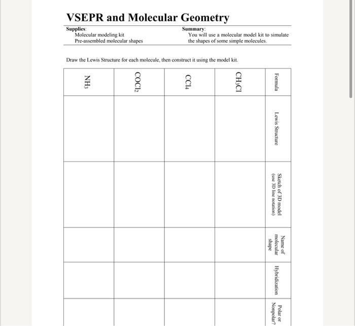 Solved VSEPR and Molecular Geometry Draw the Lewis Structure | Chegg.com