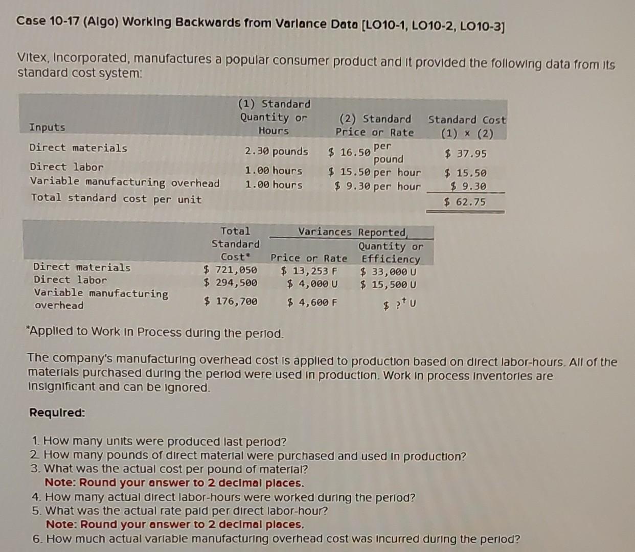 Solved Case 10-17 (Algo) Worklng Backwards from Varlance | Chegg.com