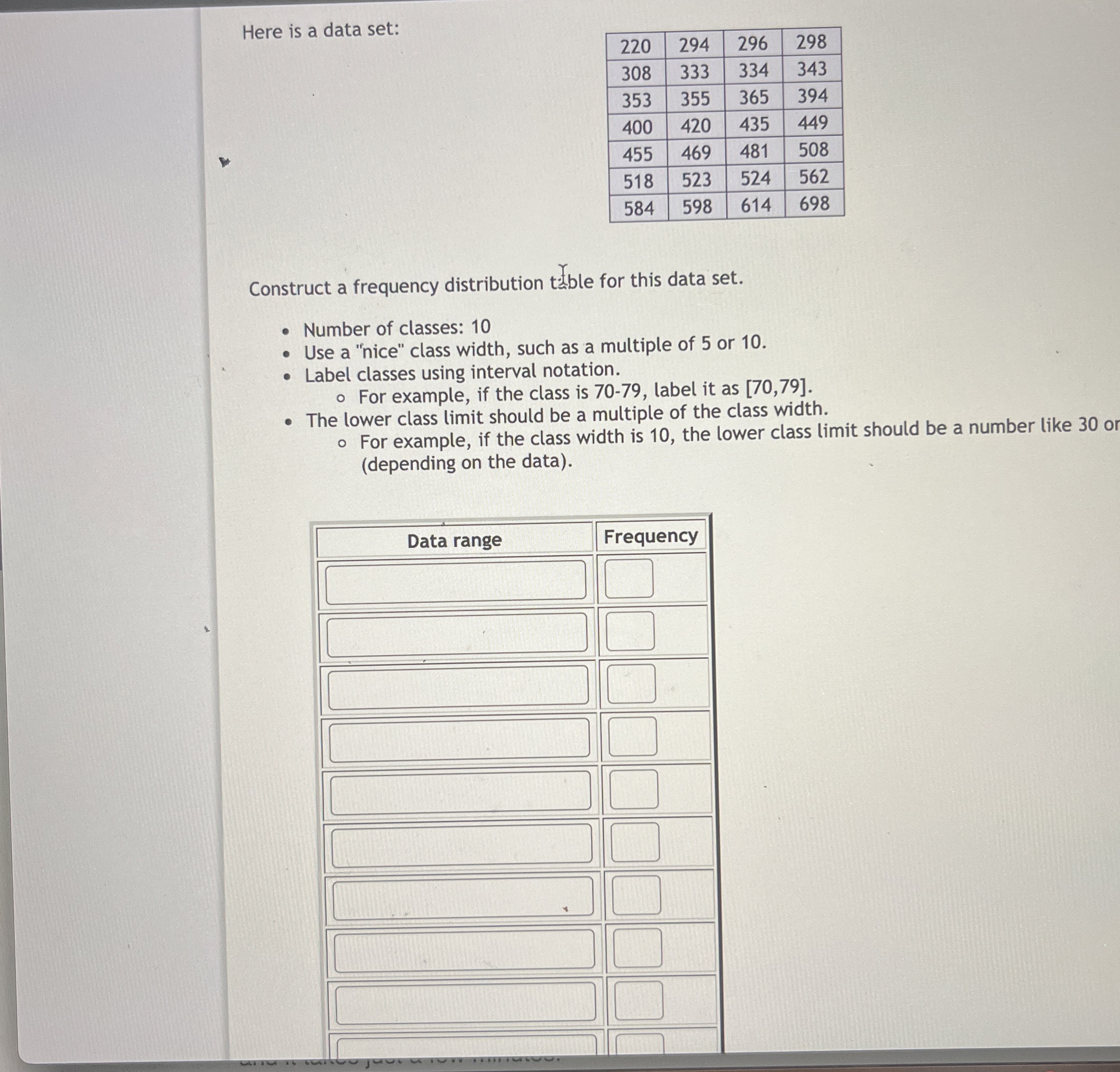 Here is a data set:Construct a frequency distribution | Chegg.com