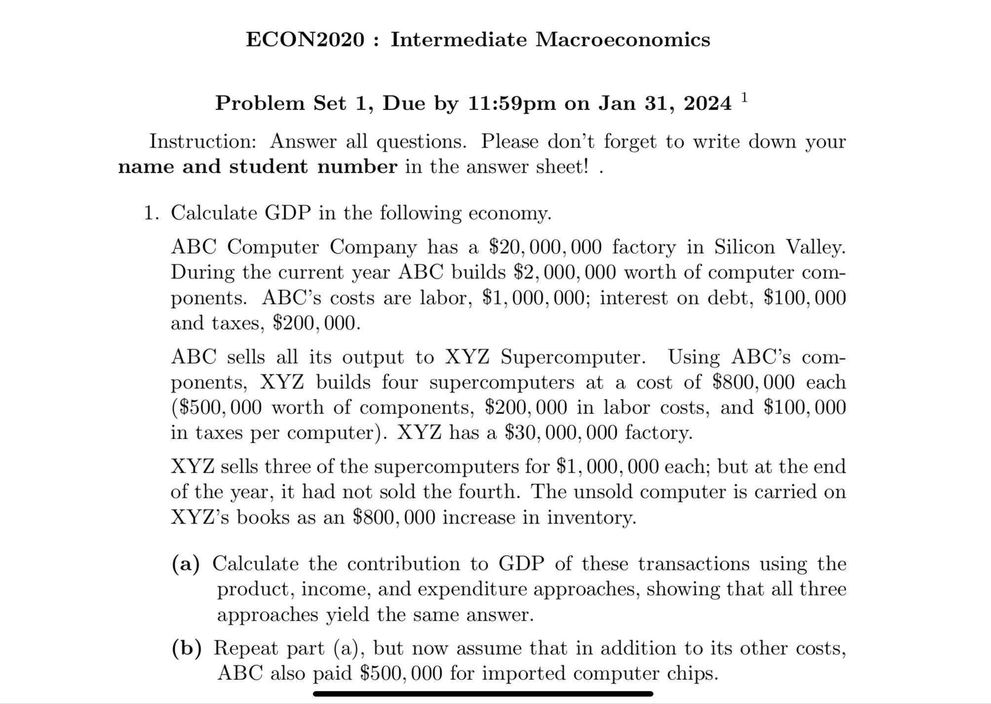 Solved ECON2020 ﻿: Intermediate MacroeconomicsProblem Set 1, | Chegg.com