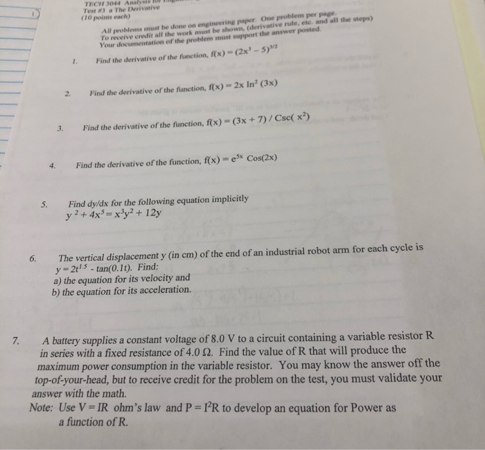 Solved TICA Test The Derivative (10 points each) All | Chegg.com