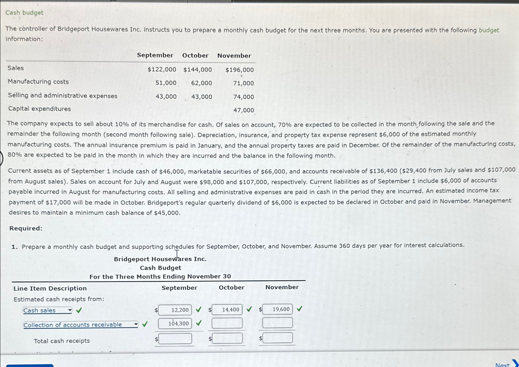 Solved Cash budgetThe controller of Bridgeport Housewares | Chegg.com