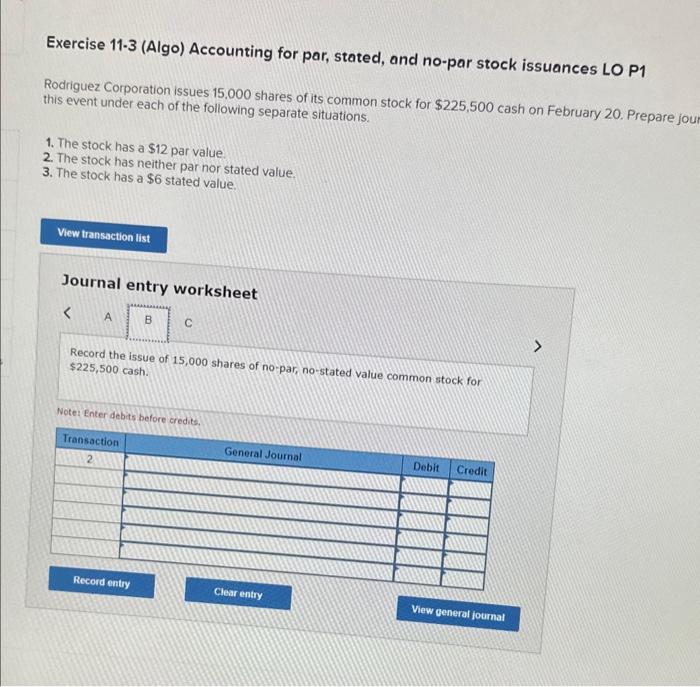 Solved Exercise 11-3 (Algo) Accounting for par, stated, and | Chegg.com