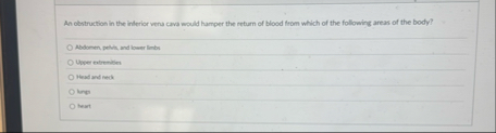 Solved An obstruction in the inferior vera cava would hamper | Chegg.com