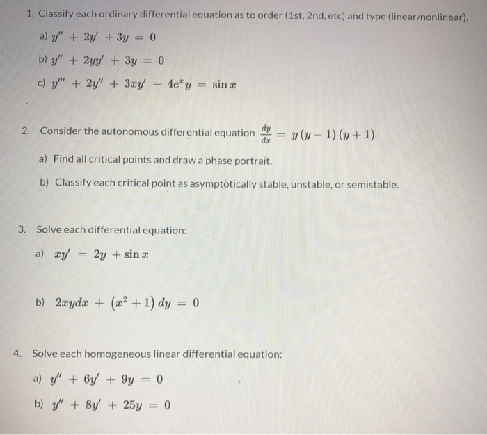 Solved 1. Classify each ordinary differential equation as to | Chegg.com