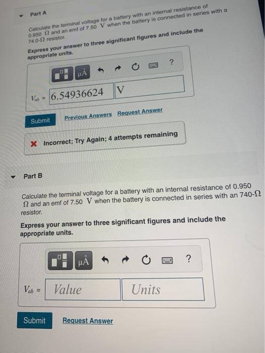 Solved Part A Calculate the terminal voltage for a battery | Chegg.com