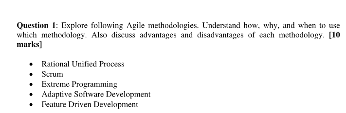Solved Question 1: Explore following Agile methodologies. | Chegg.com