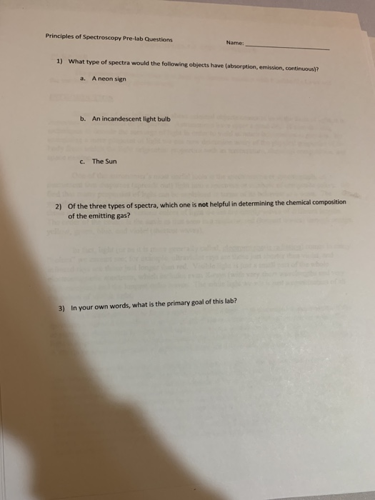 Solved Principles of Spectroscopy Pre-lab Questions Name: 1) | Chegg.com
