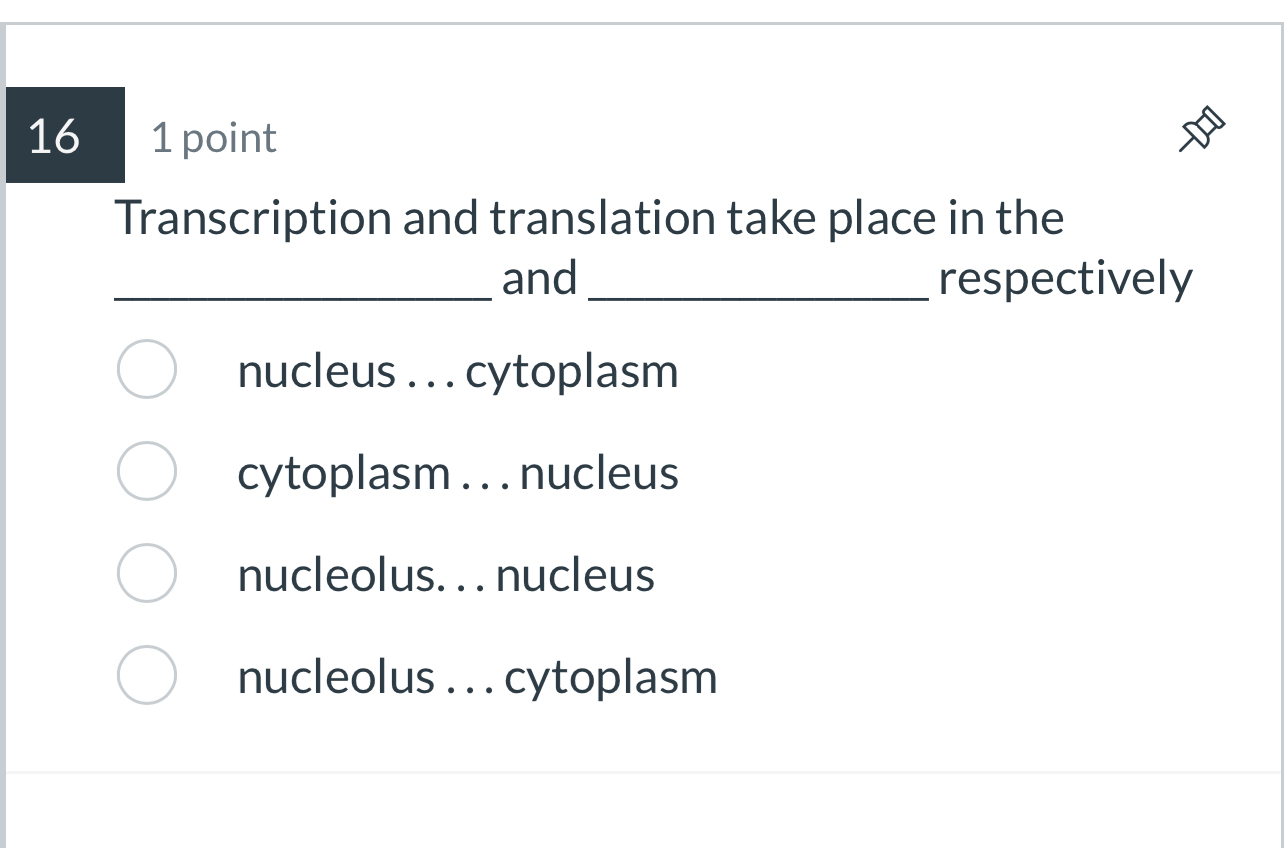 Solved 1 ﻿pointTranscription and translation take place in | Chegg.com