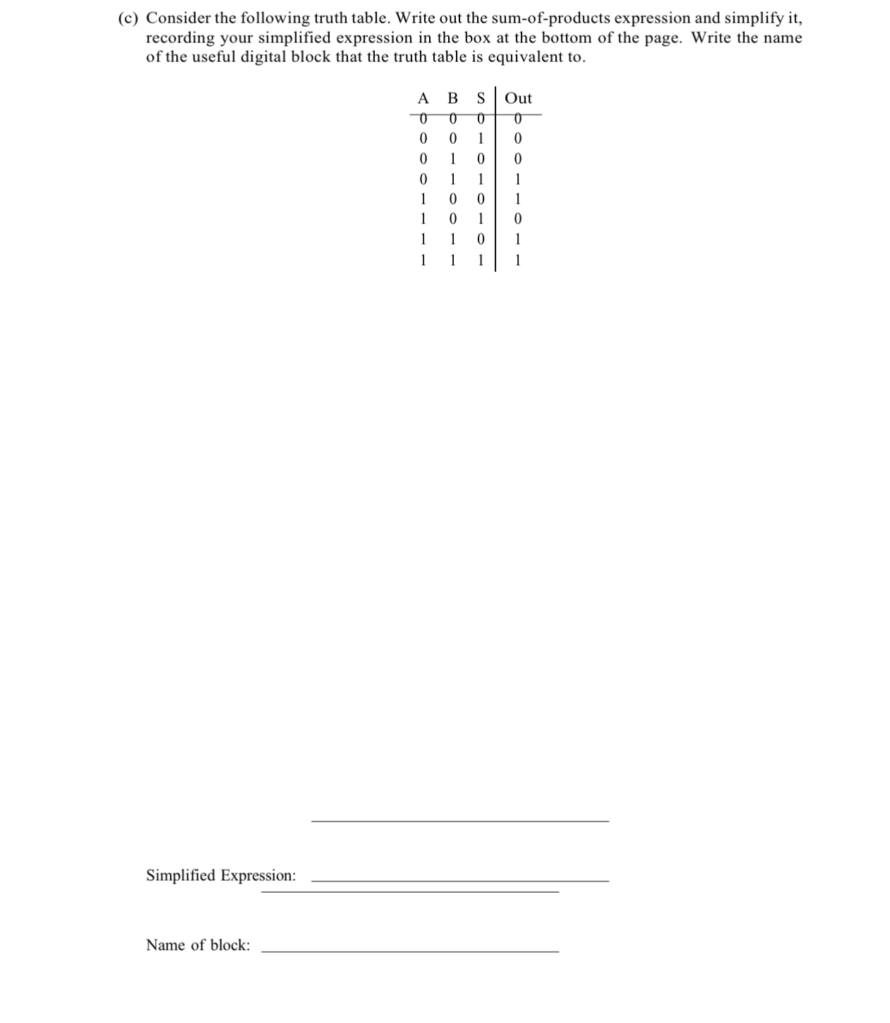 Solved (c) ﻿Consider the following truth table. Write out | Chegg.com
