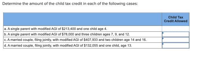 Solved Determine the amount of the child tax credit in each | Chegg.com