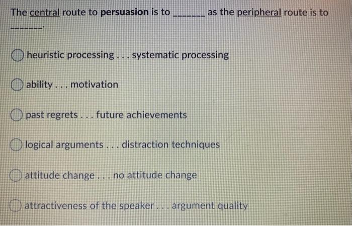 Solved The central route to persuasion is to as the | Chegg.com