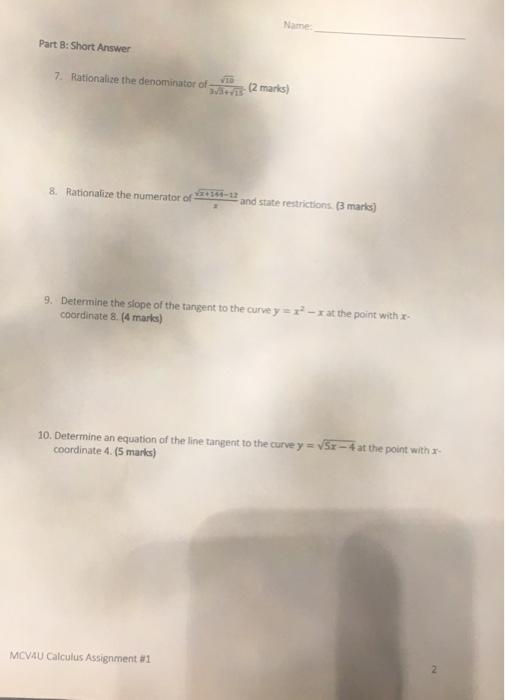 Solved Part B: Short Answer 7. Rationalize the denominator | Chegg.com