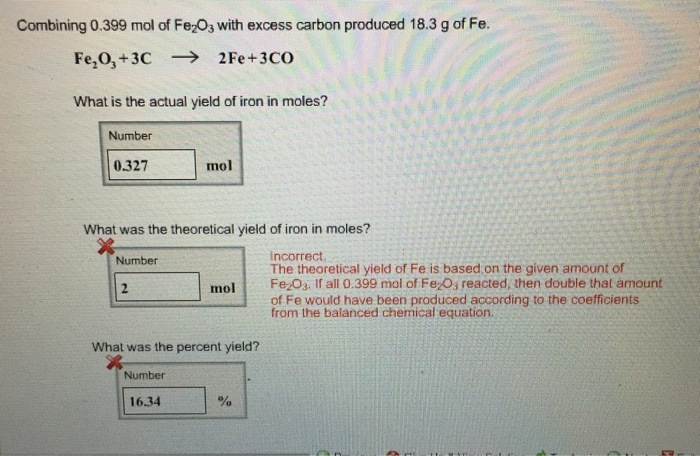 Solved Combining 0.399 mol of Fe2O3 with excess carbon | Chegg.com