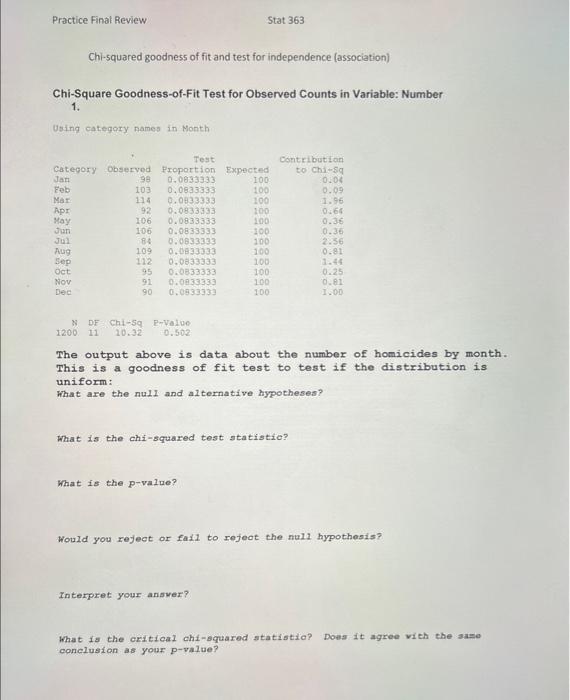 Solved Practice Final Review Stat 363 Chi-squared goodness | Chegg.com