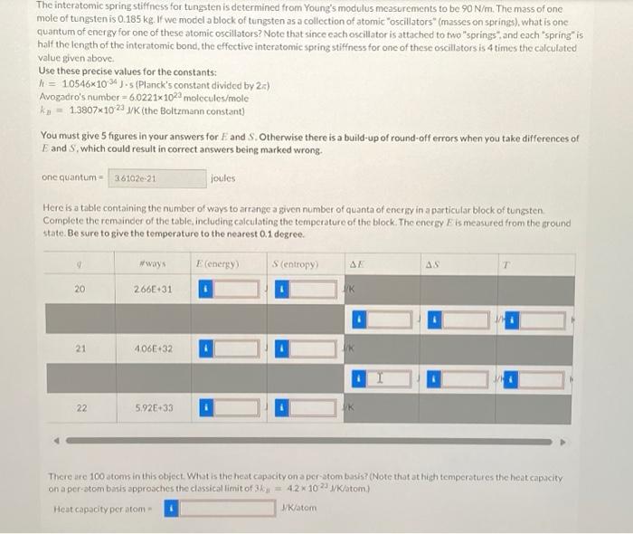 Solved The interatomic spring stiffness for tungsten is | Chegg.com