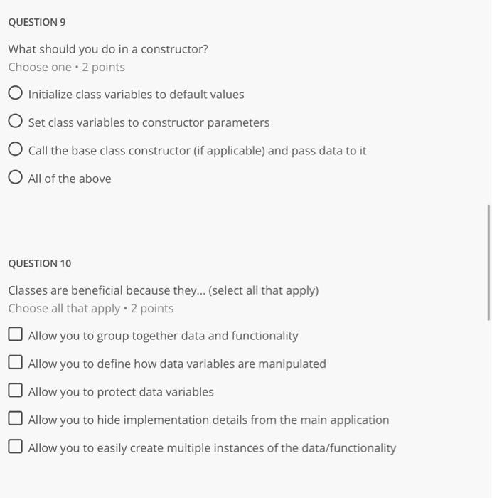 Solved QUESTION 9 What should you do in a constructor? | Chegg.com