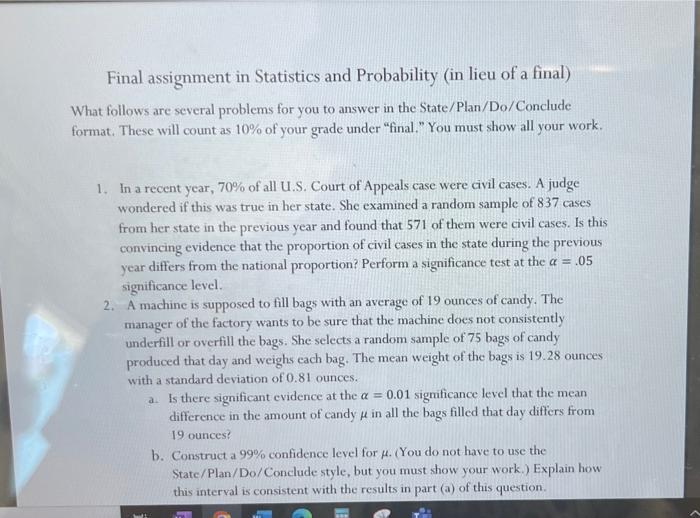 Solved Final assignment in Statistics and Probability (in | Chegg.com