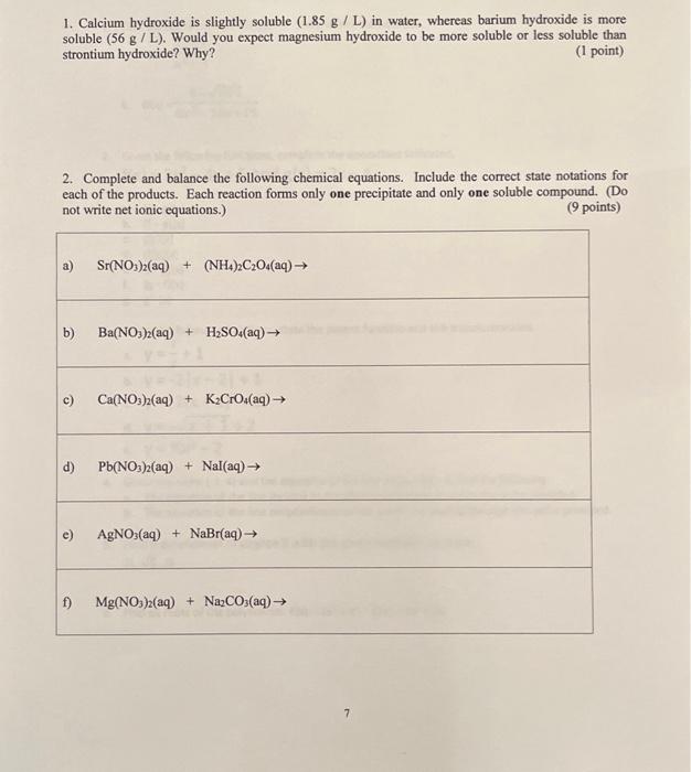 Solved 1. Calcium hydroxide is slightly soluble (1.85 g/L) | Chegg.com