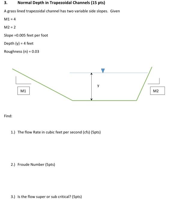 Solved 3. Normal Depth in Trapezoidal Channels (15 pts) A | Chegg.com