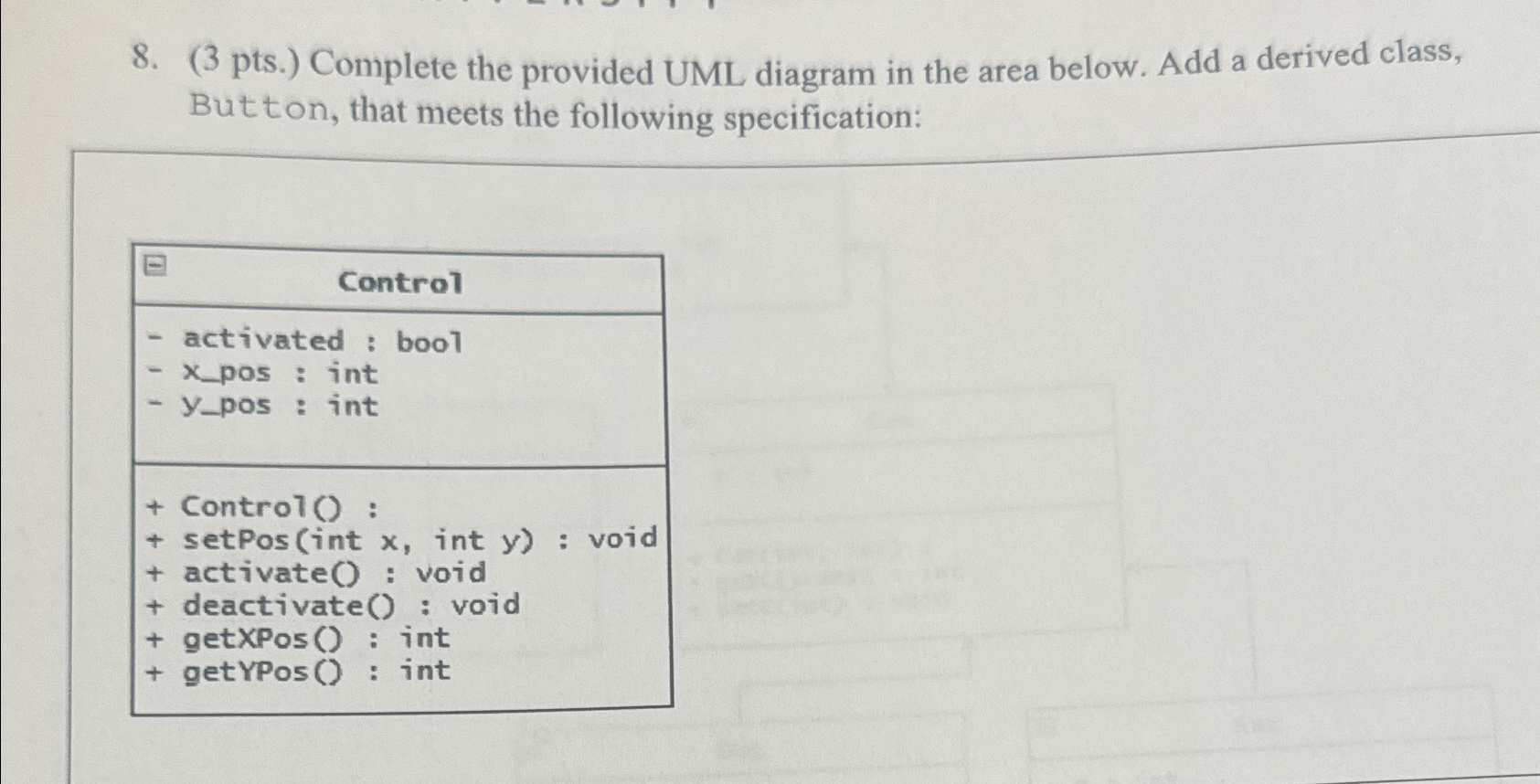 Solved ( 3 ﻿pts.) ﻿Complete the provided UML diagram in the | Chegg.com