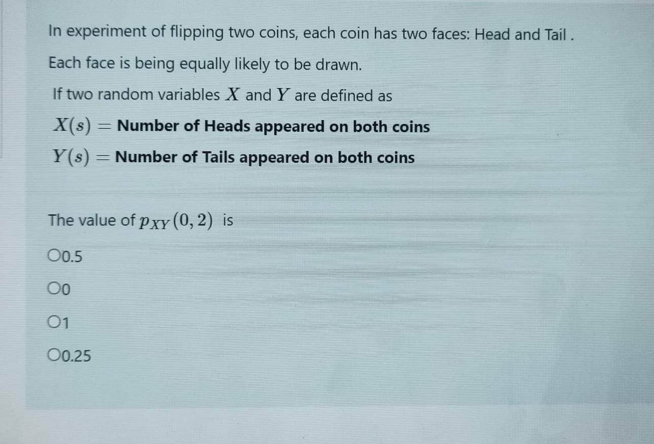 Solved In experiment of flipping two coins, each coin has | Chegg.com