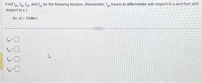 Solved Find fxxfxy,fyx, and fyy for the following function. | Chegg.com