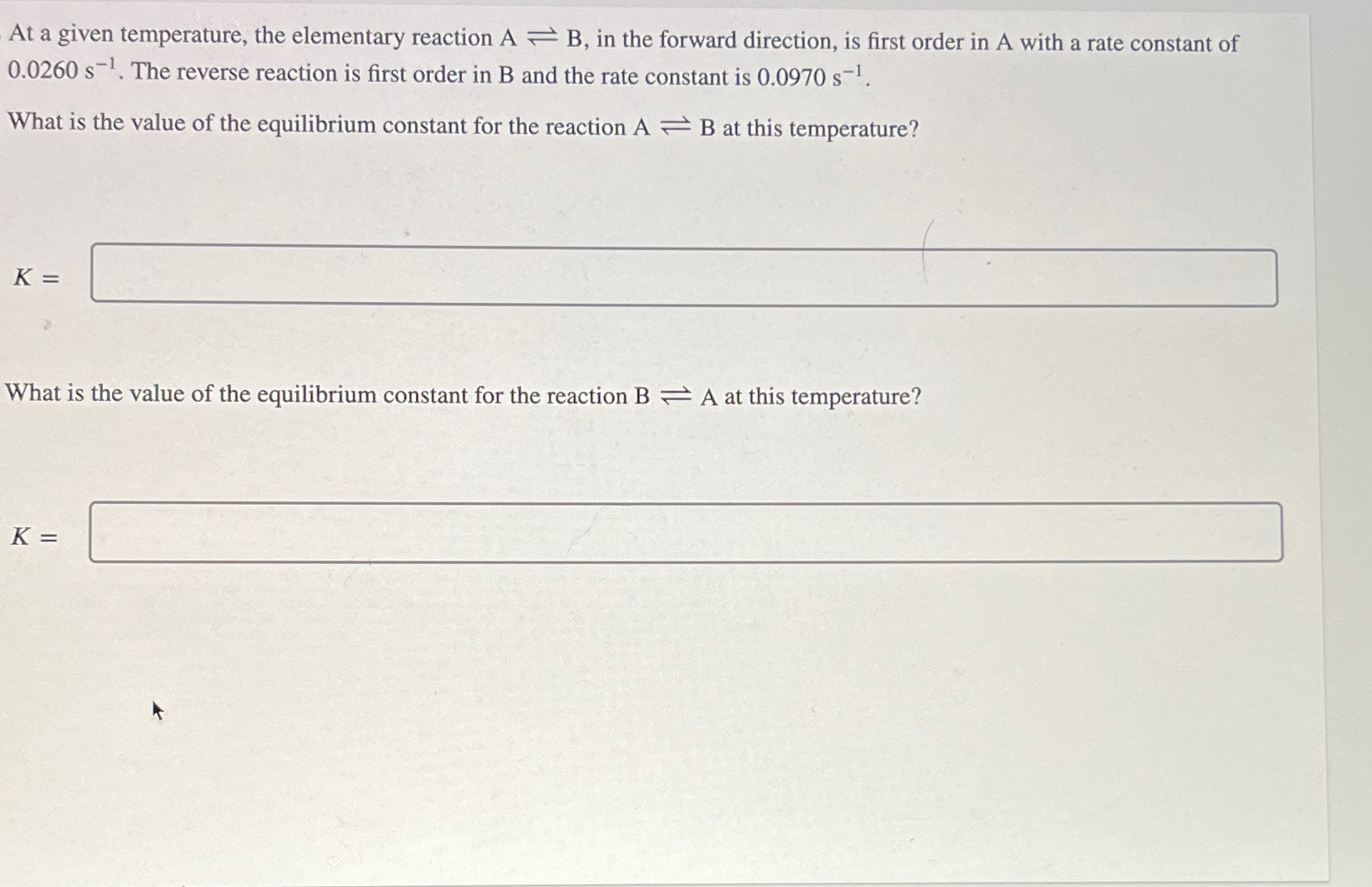 Solved At a given temperature, the elementary reaction A⇌B, | Chegg.com